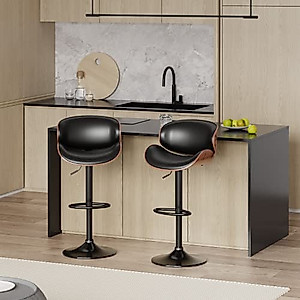 Aowos Adjustable Swivel Bar Stools Set of 2, Mid-Century Modern PU Leather Upholstered Counter Height Bar Stool, Kitchen Island Barstoosl with Back, Black