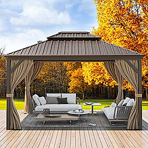 Erinnyees 12' X 14' Hardtop Gazebo,Galvanized Steel Double Roof with Mosquito Net and Shaded Curtains for Patio, Deck, Lawns, Backyard