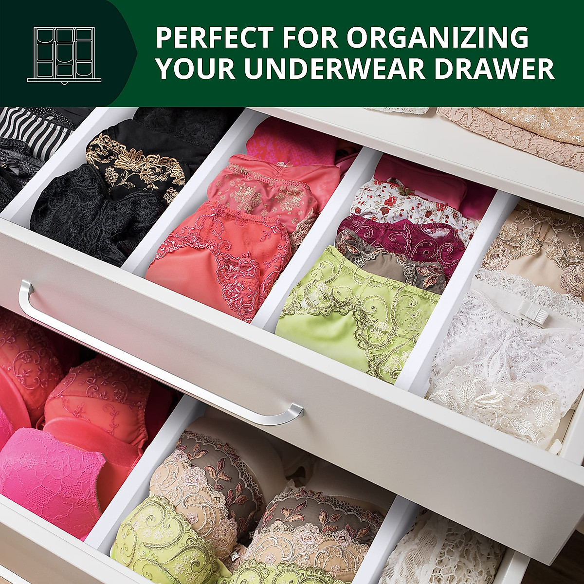 ROYAL CRAFT WOOD Adjustable Bamboo Caddy Expandable Drawer Organization Separators For Kitchen, Dresser, Bedroom, Bathroom and Office, 4-Pack (Large (up to 22)), White