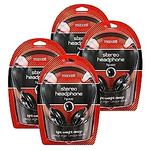 Maxell HP-100 Portable Stereo Headphones, Lightweight, Black, Pack of 4