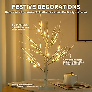 hogardeck 2FT 24LT Led Lighted Birch Tree, White Money Artificial Tree for Christmas Decorations Indoor, Battery Powered Timer Xmas Winter Home Wedding Mantle Desk Table Top Centerpieces Decor