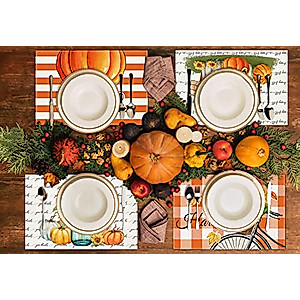 Fall Pumpkin Gnomes Placemats for Dining Table, 12 x 18 Inch Autumn Sunflower Bicycle Thanksgiving Seasonal Holiday Decoration Rustic Washable Table Mats Set of 4