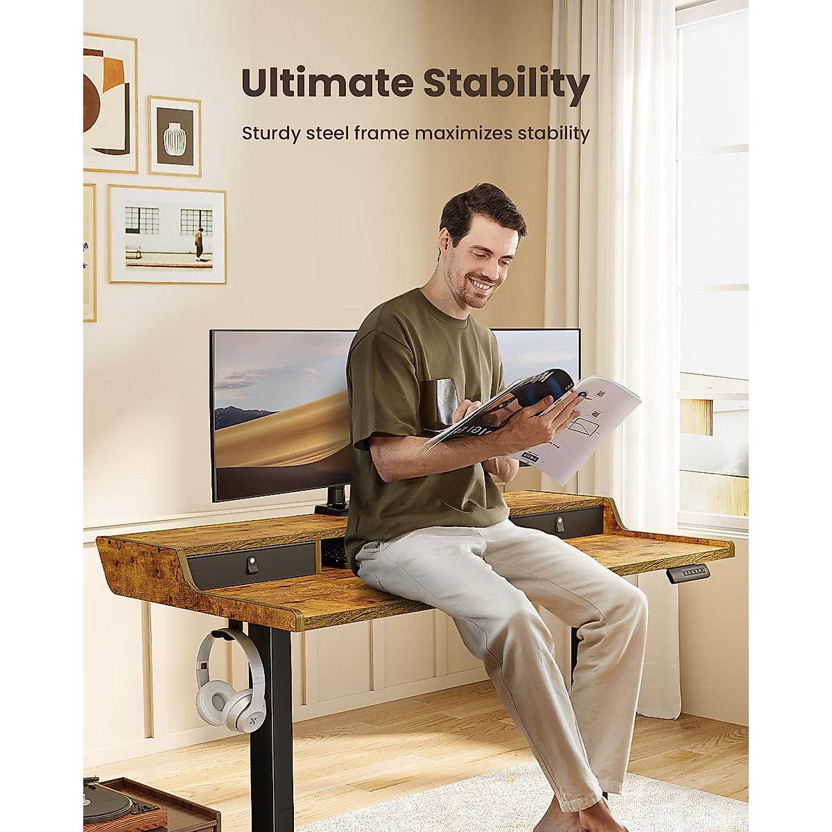 ErGear Electric Staning Desk with Drawers, 40x24 Small Gaming Desk with Monitor Stand, Stand up Desk, Home Office Height-Adjustable Desk with Storage Shelf, Vintage Brown, EGESD35V