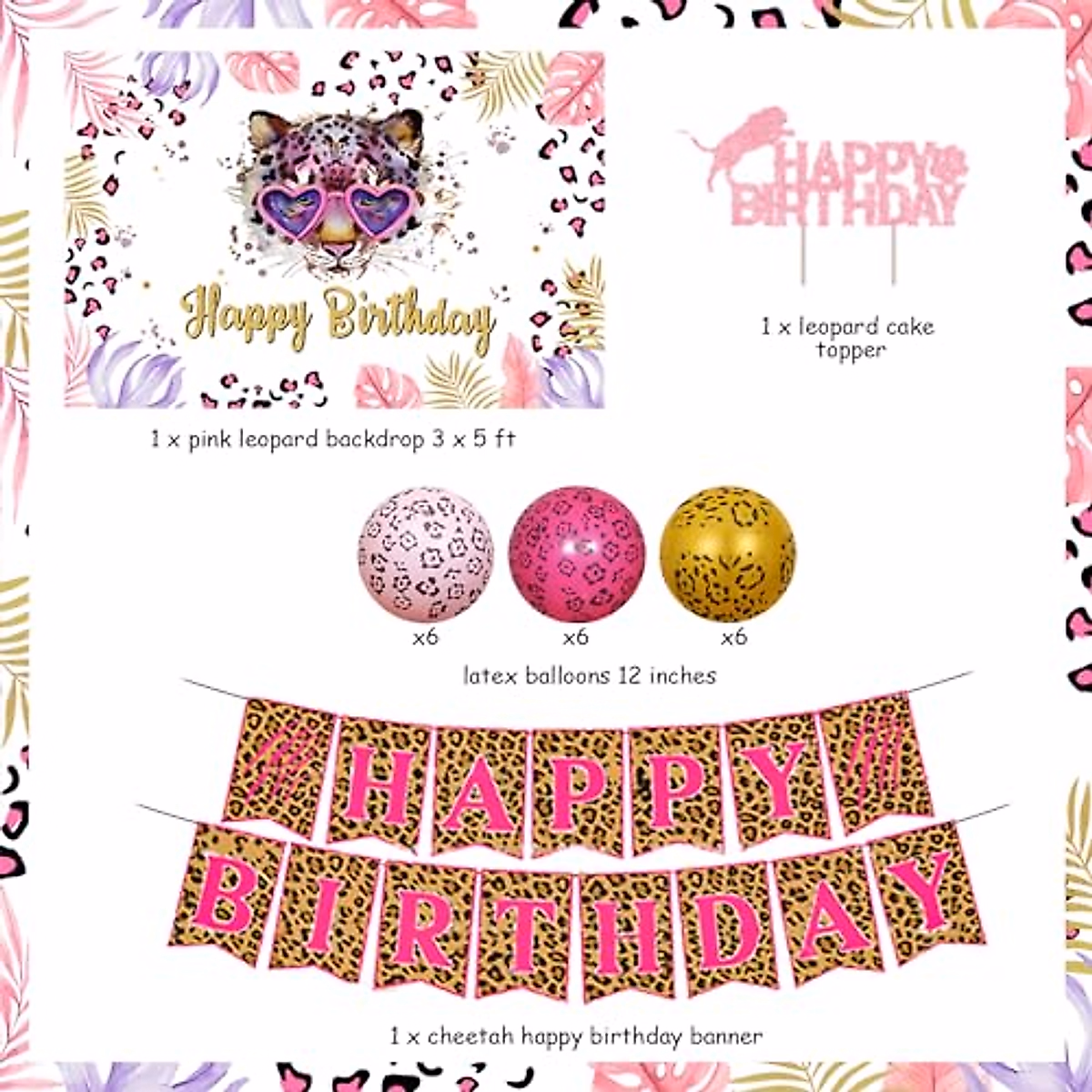kreat4joy Cheetah Print Birthday Decorations Girl, Cheetah Happy Birthday Decorations Backdrop Banner Cake Topper, Cheetah Print Balloons Leopard for Safari Jungle Animal Cheetah Supplies