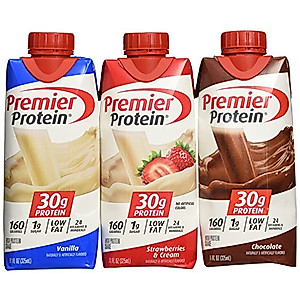 Lot of 12 Premier Protein 30g High Protein Shakes 11 Oz. Variety Pack Contains Chocolate, Vanilla & Strawberries & Cream