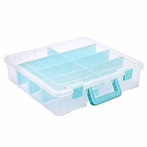 BTSKY Clear Plastic Dividing Storage Box with 8 Compartments Adjustable Storage Bin with Lid Portable Craft Storage Container Multipurpose Sewing Box Art Supply Organizer, 15.1x13.9x3.5 Inches