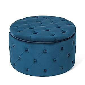 Homebeez Round Velvet Storage Ottoman, Button Tufted Footrest Stool Coffee Table for Living Room,24.8" L x 24.8" W x 15.4" H,Navy Blue