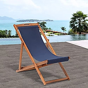Beach Chair Lounge Chair 2 Set Outdoor Wooden Patio Beach Sling Chair Adjustable Portable Folding Chairs for Outside with Polyester Canvas Lounging Chair for Garden, Backyard, Poolside, Balcony(Blue)