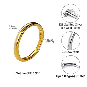 SILVERCUTE Wedding Band 18K Gold Plated Sterling Silver 2.5mm Wide Couple Rings for Men Women, Adjustable
