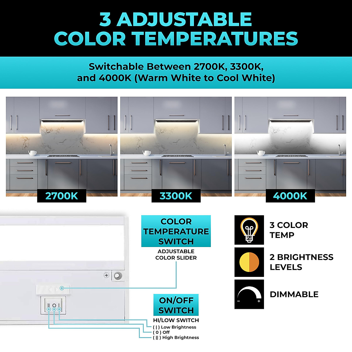 Magic Lite 24 Inch White LED Under Cabinet Lighting – Dimmable -3 Color Temperature Slide Switch – Warm White (2700K), Soft White (3000K), Cool White (4000K) - Plugged-in or Hardwired Installation
