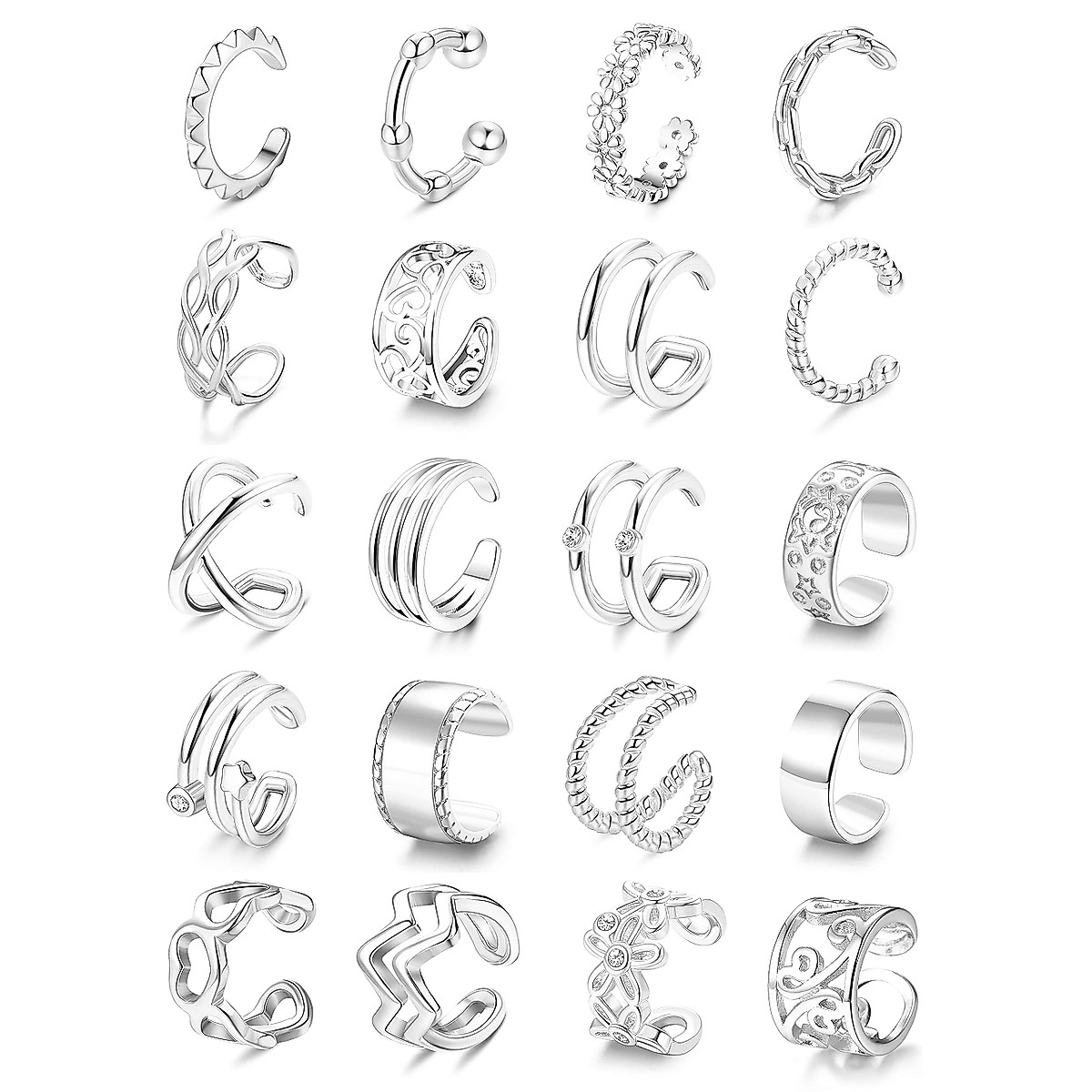 LOYALLOOK 20PCS Ear Cuff Earrings Set Adjustable for Women Stainless Steel Non-Piercing Cartilage Clip On Wrap Earring Fake Helix Cartilage Cuffs Fake Lip Nose Ring Silver Tone