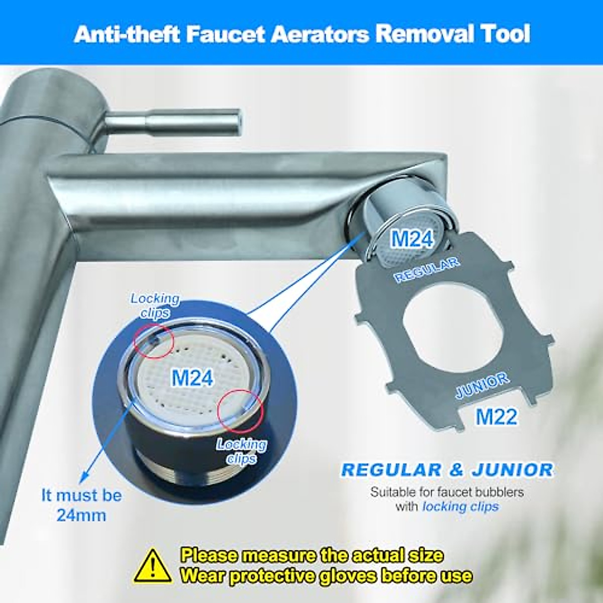 304 Stainless Steel Aerator Key, Can remove faucet aerators with stopper, M24 male faucet aerators Removal Tool, and remove M22, M24 recessed faucet aerators with gears.