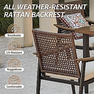 NATURAL EXPRESSIONS 7 Piece Patio Dining Table Outdoor Furniture Set, 6 Rattan Wicker Chairs with Cushions and 70” Large Dining Table with 1.65'' Umbrella Hole for Patio, Garden, Porch, Pool Beige