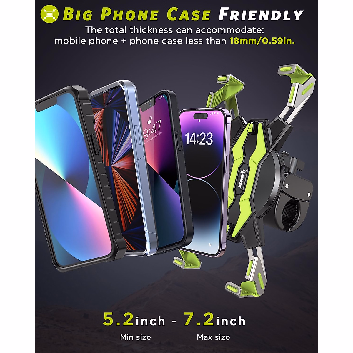 IPOW Bike Phone Holder, Adjustable Motorcycle Phone Mount, 2023 Upgraded Motorcycle Handlebar Phone Clamp, Scooter Phone Clip Compatible with iPhone 14 Plus/Pro Max, 13 Pro Max, S23, S22, Green