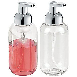 mDesign Set of 2 Refillable Soap Dispenser - Discreet Foaming Soap Dispenser - Chrome Soap Dispenser Bottle with Plastic Pump - Rust Free - Ideal for Kitchen or Bathroom - Clear/Chrome