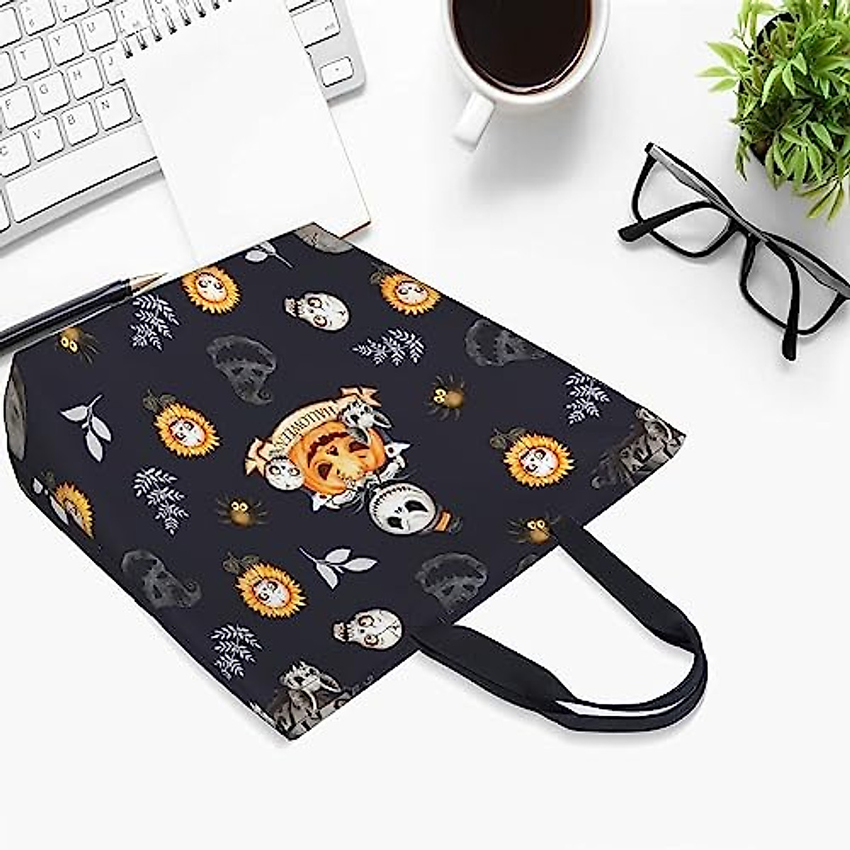 AuHomea Halloween pattern in black skulls Reusable Grocery bags Big Capacity Shopping Bag Canvas Shoulder Tote Handbag for Women Girls