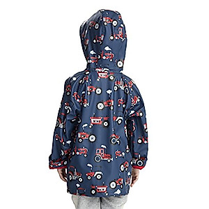Hatley Boys' Little Button-Up Printed Rain Jacket, Red Farm Tractors, 4 Years