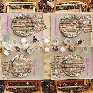 Tevxj 96PCS Pink Floral Birthday Party Plates Wood Grain Flower Tableware Set for Girls Kids Bridal Shower Party Supplies Rustic Wooden Birthday Paper Plates Napkins Forks Decorations for 24 Guests
