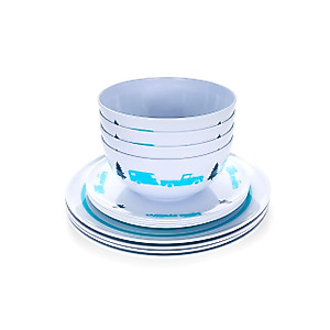 Camco Life is Better at The Campsite Dishware Set | Includes (4) Large Dinner Plates, (4) Small Salad Plates and (4) Bowls | Top Rack Dishwasher Safe | Blue Tree and Truck Design (53294)