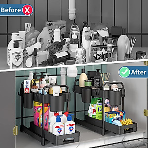 2 Pack Under Sink Organizers and Storage, 2 Tier Under Sliding Cabinet Basket Organizer with Hanging Cups,Hooks,Dividers,Handles,Multi-Purpose Storage Drawer Basket Organizer for Kitchen Bathroom