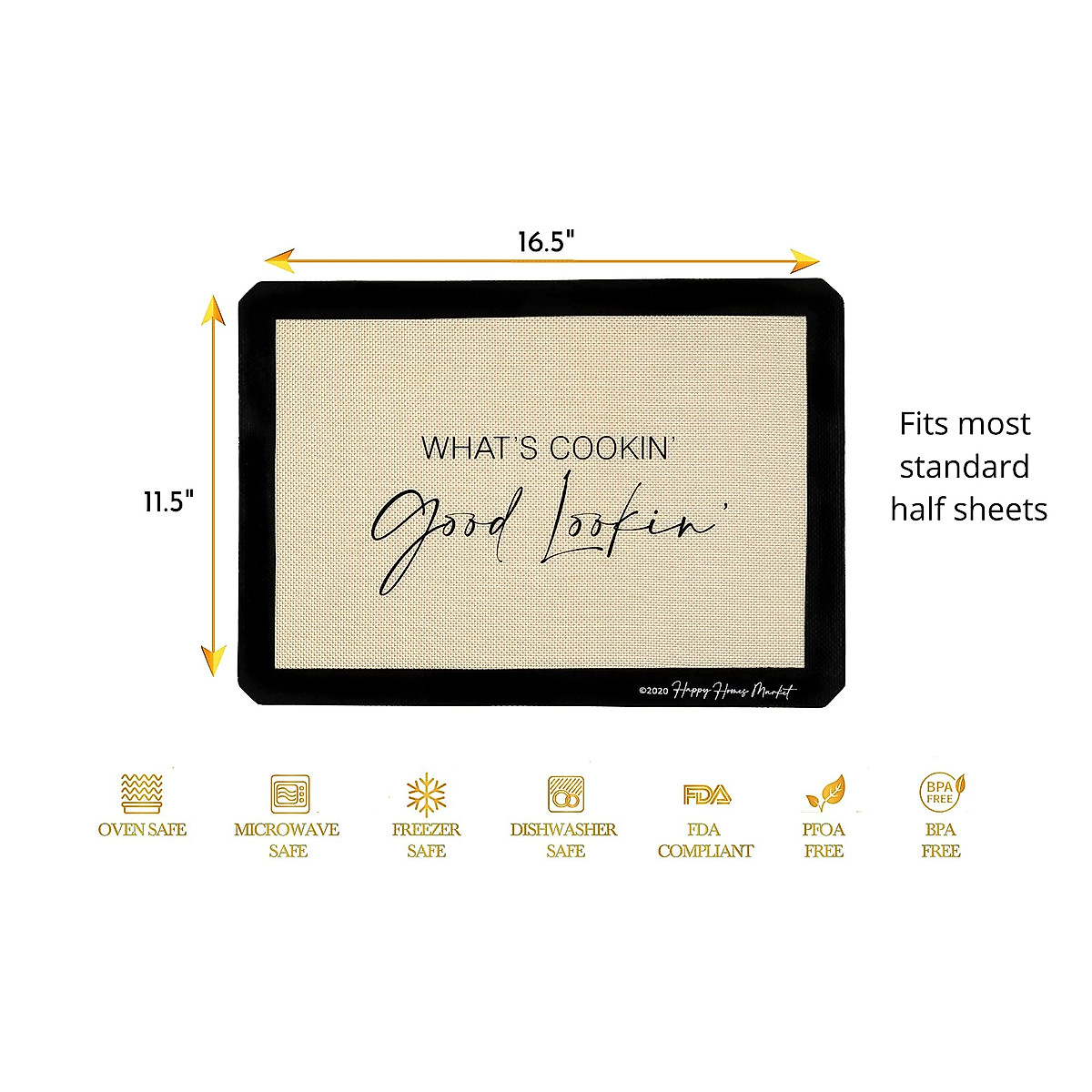 Happy Homes Market, Silicone Baking Mat, Non-Stick, Professional Grade Quality Baking Mat, Food Safe, BPA Free, Reusable, Eco-Friendly, Luxury Baking Sheet Liner- Set of 3 Standard Half Sheet Sizes