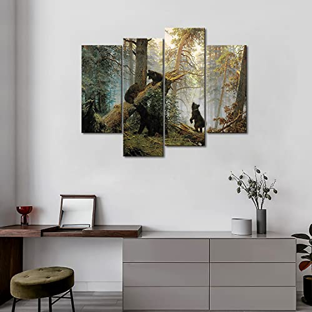 First Wall Art - Bears Play in Forest Broken Tree Wall Art Painting The Picture Print On Canvas Animal Pictures for Home Decor Decoration Gift