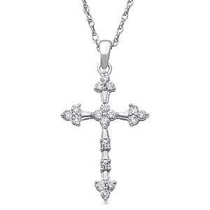 Jewelili 10K White Gold 1/4 Cttw Natural White Round Diamonds Cross Pendant Necklace, 18" Rope Chain