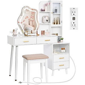 ANWBROAD White Vanity with Lighted Mirror Vanity Desk with Mirror and Lights Girls Vanity with Power Outlet Stool Drawers Shelves Charging Station 3 LED Lighting Modes Bedroom Makeup Table UBDT55W