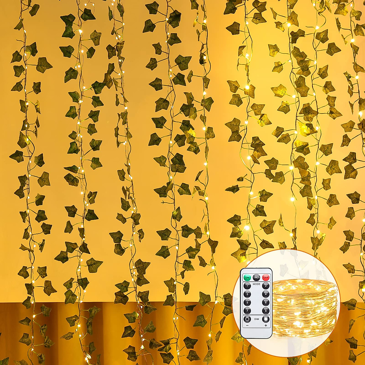 PETVAY Vine Lights, 12 Pcs 84 Ft Artificial Ivy Garland Leaf Vine with 100 LED String Light & Battery Operated, Fake Hanging Plant Light for Bedroom Wall Garden Wedding Party Home and Kitchen Décor