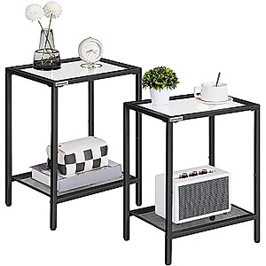 MAHANCRIS End Tables Set of 2, Side Table with Tempered Glass Top, Narrow Beside Table for Small Space, 2-Tier Nightstand with Storage Shelf, for Sofa Couch and Bed, Easy Assembly, Black ETH24B01S2