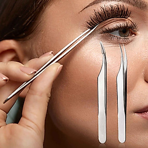 Eyelash Extension Tweezers Set of 2 pieces straight & curved Lash Extension Precision Tweezers, Professional Stainless Steel Precision Tweezers set