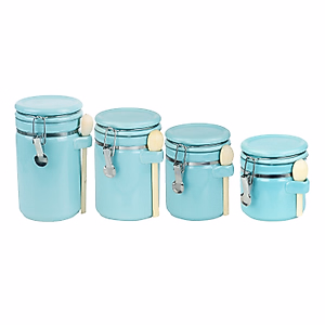 Canister Sets For The Kitchen (4 Piece) Turquoise, High Gloss Ceramic | By Home Basics | Decorative Kitchen Set | With Wooden Spoons, Countertop Set For Flour, Sugar, Coffee, and Snacks