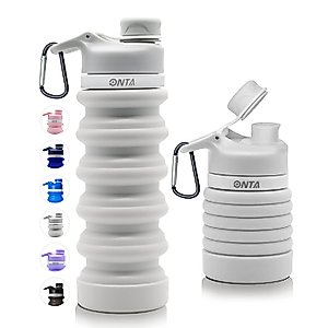 ONTA Collapsible Water Bottle- BPA Free Silicone Foldable Water Bottle for Travel,Silicone Portable Leak-Proof Travel Water Bottle 20oz, gray