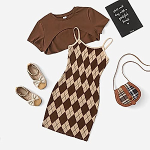 SweatyRocks Girl's 2 Piece Outfits Argyle Print Cami Mini Dress with Short Sleeve Crop Tee Brown 8Y
