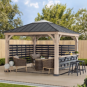 Sunjoy 11 x 11 ft. Hardtop Gazebo Cedar Wood Framed Hot Tub Gazebo with Steel and Polycarbonate Hardtop and bar Shelf, Matte Black by SummerCove