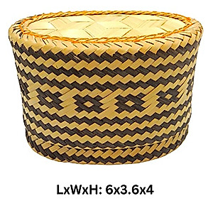 Bamboo Sticky Rice Serving Basket 6 x 3.7 Inch, Kratip, Intricately Woven Container, Oval-Shaped Pattern, Thailand Handmade, Dyed with Natural Based Black Charcoal (Mini Heart) (Central)