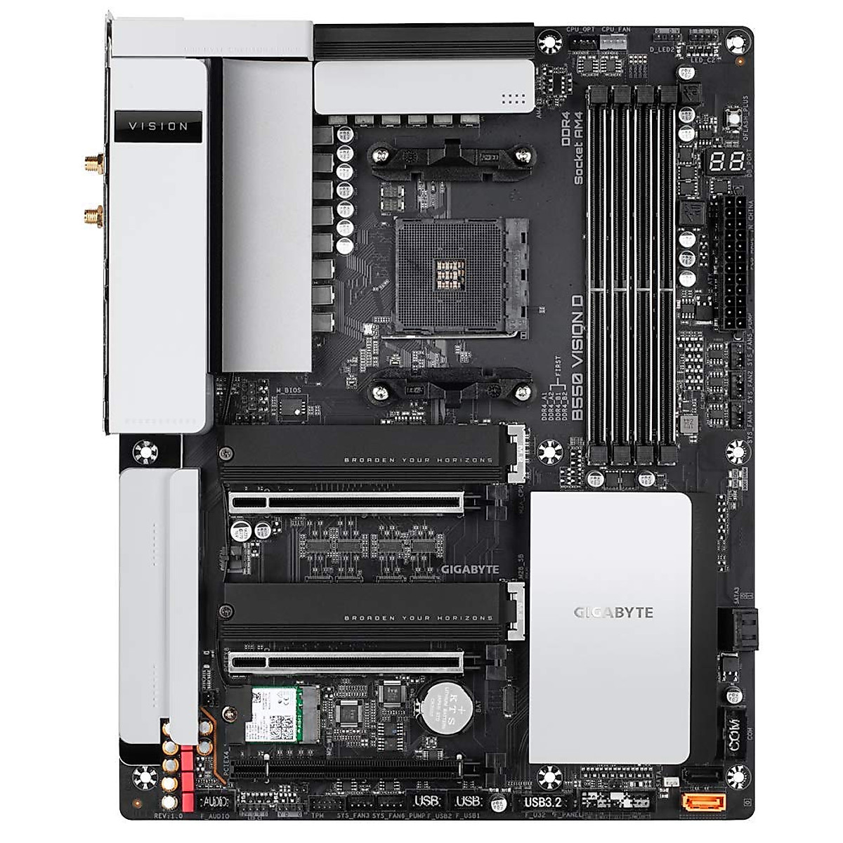 Gigabyte B550 Vision D (AMD Ryzen 5000/B550/ATX/3xPCIe 4.0/3.0/DDR4/ECC Memory/Titan Ridge/3xM.2/USB3.2 Gen 2 Type-C/Intel WiFi 6/Fully Quadro QVL Tested/Dual Intel LAN/1xHDMI 2.1/Motherboard)