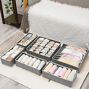 FFVLLAFE 6 Pack Sock Underwear Drawer Organizer Dividers, Foldable Fabric Dresser Closet Organizers and Storage Bins for Clothing, Baby Clothes, Bra, Panty, Scarf, Ties (Gray)