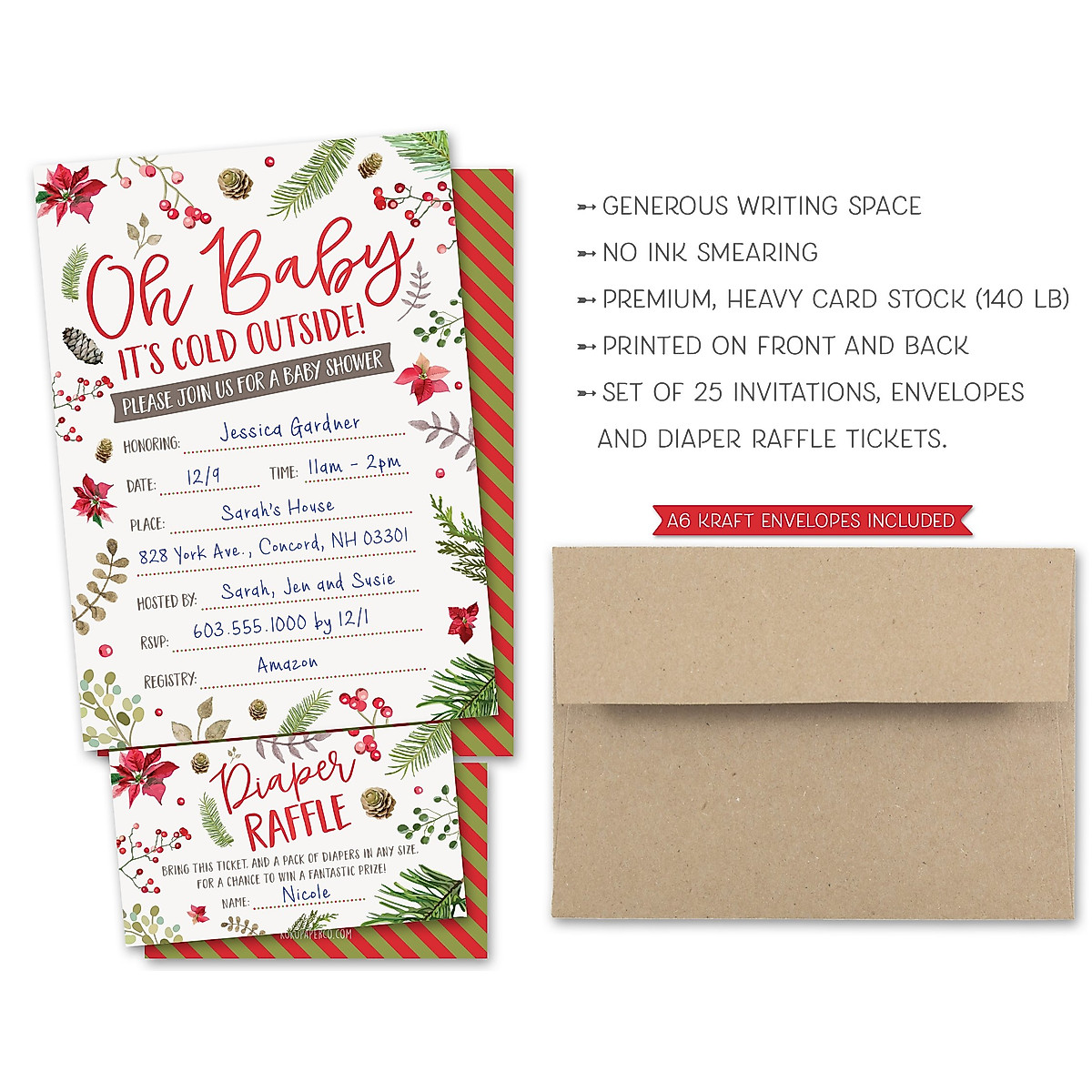 Koko Paper Co Baby It’s Cold Outside Winter Baby Shower Invitations and Diaper Raffle Tickets with Winter Florals. Set of 25 Fill in Style Cards, Kraft Envelopes, Raffle Tickets