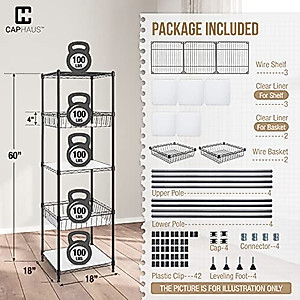 Fencer Wire NSF 5 Tier Wire Shelving Unit w/Baskets & Liner, Storage Rack Kitchen, Bathroom, Laundry Closet, Wire Shelving Basket Shelves, Storage Rack Corner Shelves, Black
