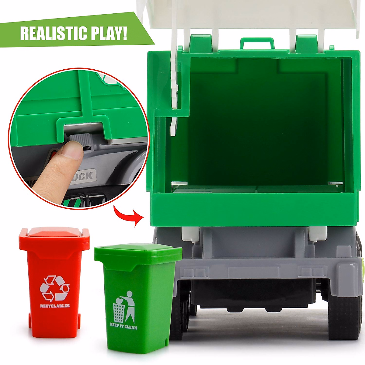 MOBIUS Toys Garbage Truck Friction-Powered – 1:12 Scale Large Size Truck w/Sounds, Lights, Loader, 4 Trash Cans for Learning Waste Management Recycling Toy for Toddlers, Boys, Girls 3 4 5 Years Old