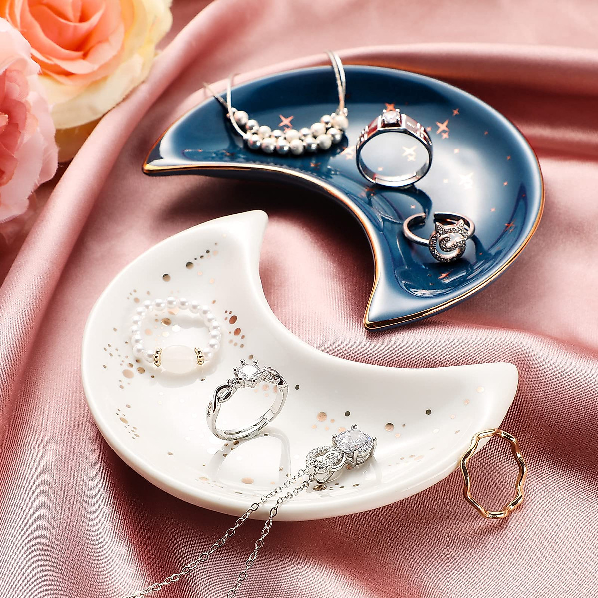 Patelai 2 Pieces Moon Trinket Tray Jewelry Dish Tray Jewelry Plate Trinket Dish Trinket Tray Ring Ceramics Jewelry Dish Gifts for Rings, Earrings, Bracelets, Necklaces, Crystals Stones