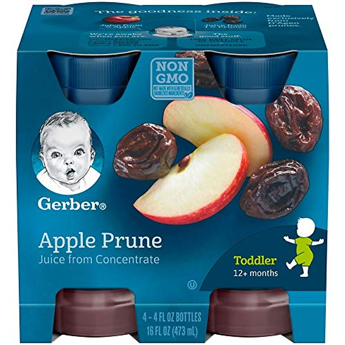 Gerber Apple Prune Juice, Non-GMO Juice from Concentrate, Made for Toddlers, 4-4 FL OZ Bottles Per Pack (Pack of 6)
