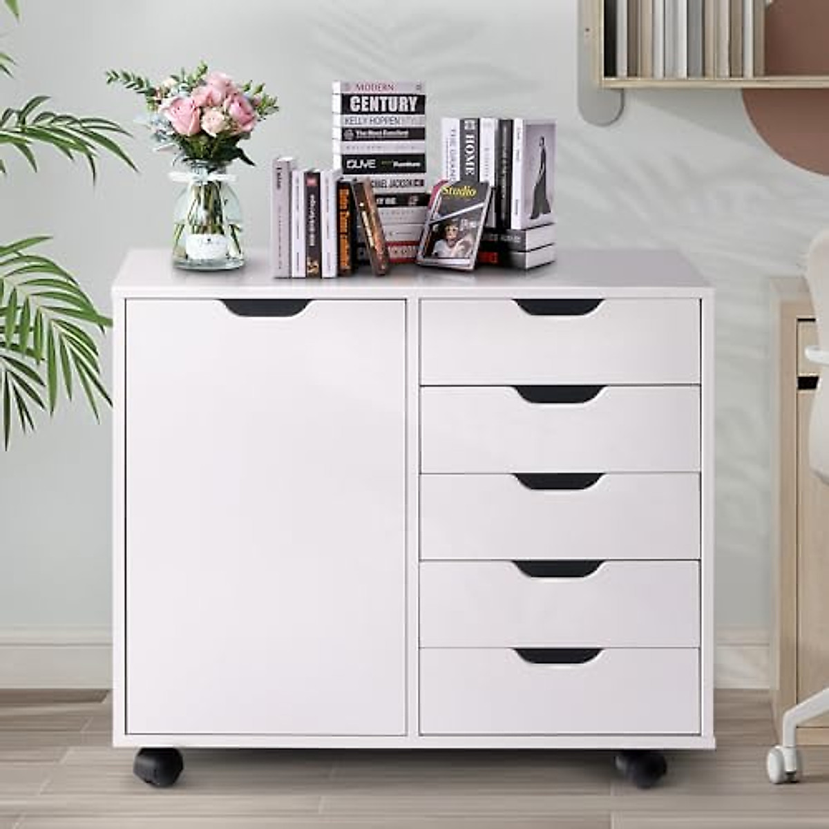 Rotihom 5 Drawer File Cabinet, Wood Mobile Lateral File Cabinet for Home Office Bedroom, 31 Inch Printer Stand with Storage on Wheels, Mobile Office Shelf with 2-Compartment Cabinet (White)