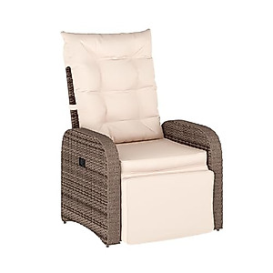 Flash Furniture Nemo Indoor/Outdoor Patio Wicker Rattan Recliner, Lounge Chair with Flip-Up Side Table, Beige/Brown