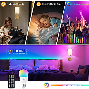 KARTOOSH Rechargeable Light Bulb, with Remote Control, 50W Equivalent, Battery Operated LED Bulbs, Backup Emergency Light for Home or Outdoor, 3 Color Temperature, Dim & RGB, Timer, E26 Base, 2 Pack