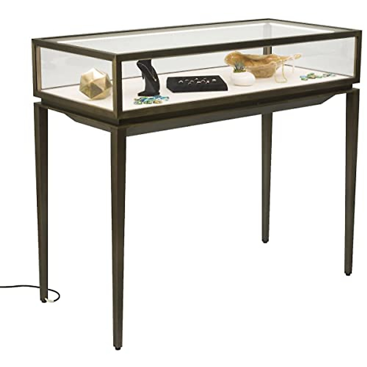 Displays2go Locking Display Table w/Rear Drawer, Stainless Steel Frame, LED Lights - Bronze (FSCSTLF7)