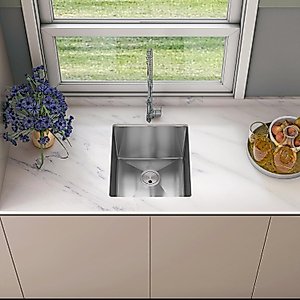 Sinber 16" x 18" x 8" Undermount Single Bowl Kitchen Sink with 18 Gauge 304 Stainless Steel Satin Finish HU1517S-S (Sink Only)