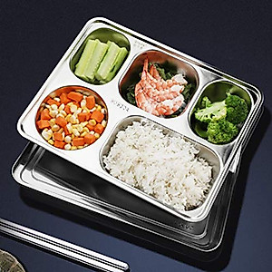 DOITOOL Stainless Steel Divided Plate for Adults or Kids, Rectangular 5 Sections Divided Tray for Serving Food (with Lids)