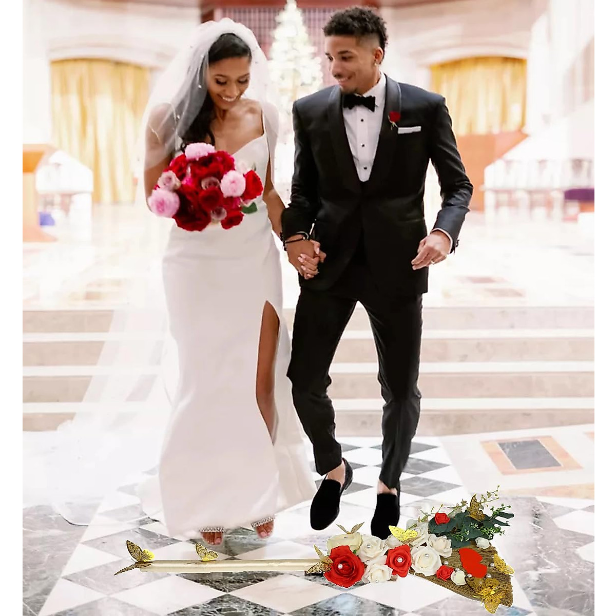 Wedding Brooms for Jumping Ceremony, Extended 35 x 11.8 in DIY Whisk Broom, Jumping The Broom for Wedding, Decorative Broom with 3D Butterflies/Name Stickers/Artificial Roses/Eucalyptus Leaves